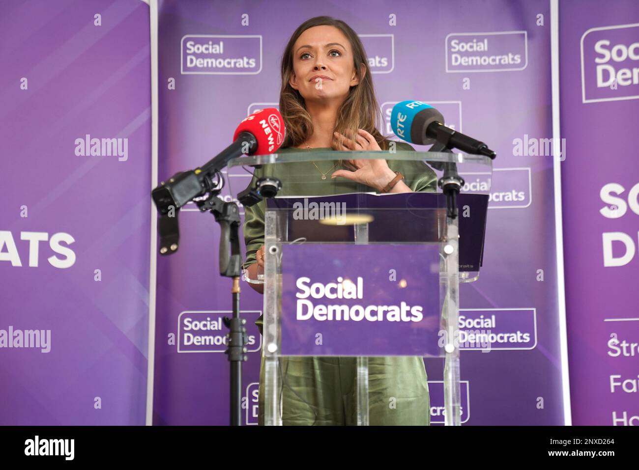 TD Holly Cairns gives a speech at the Tara Building in Dublin, as she ...