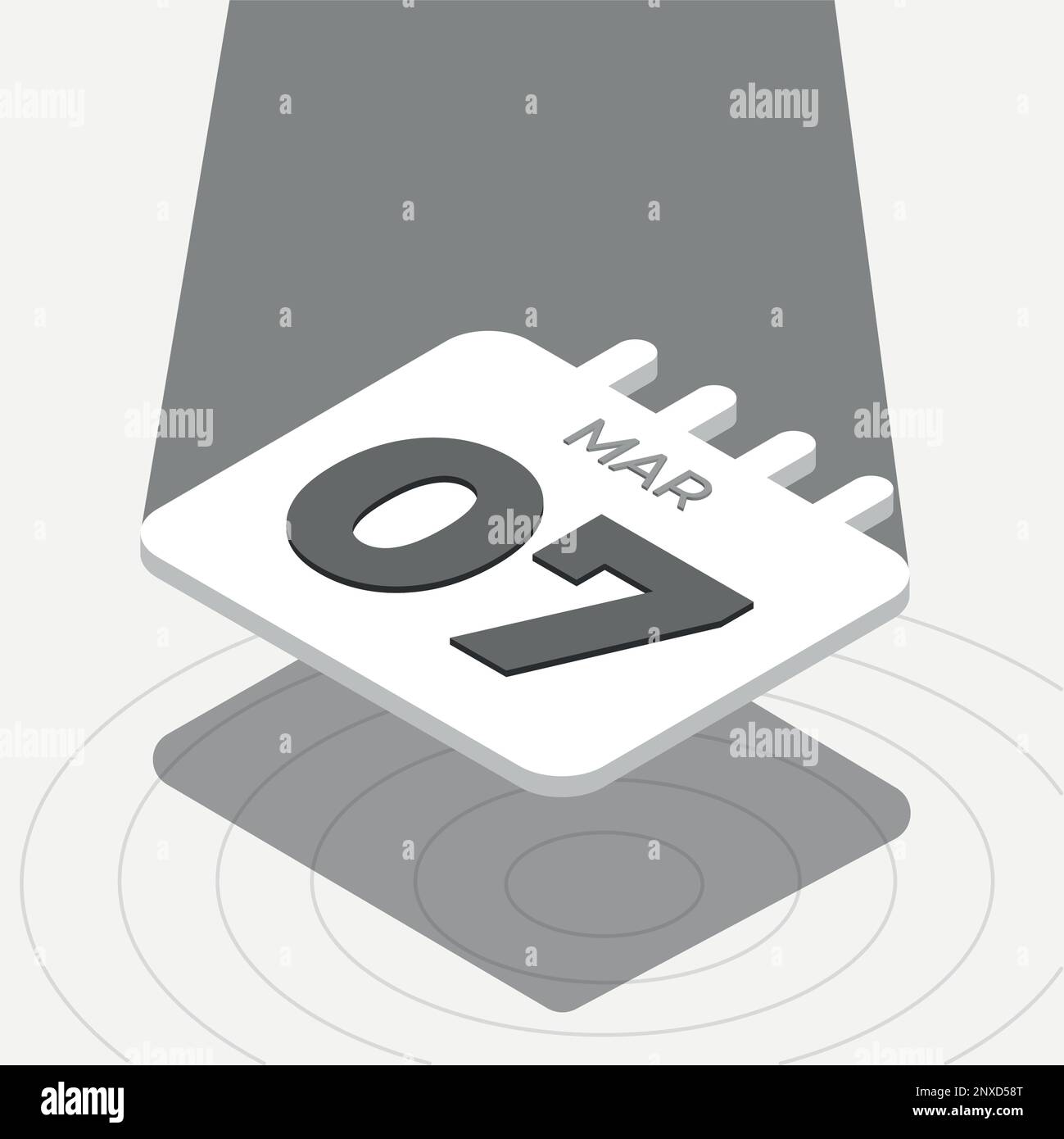 March 7 - Black and white 3D calendar floating with spotlight on white ...