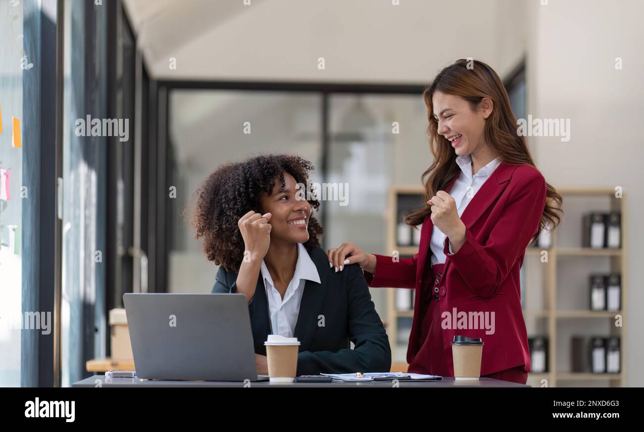 Happy smiling businessman feel happy work complete Teamwork success at ...