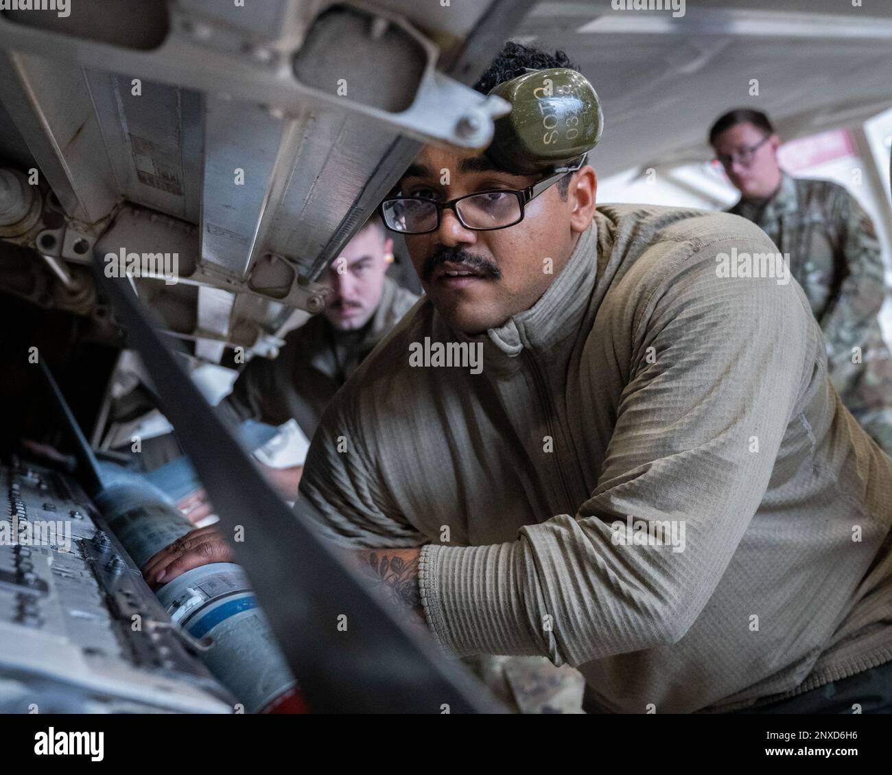 Senior Airman Damian Soto, 43rd Fighter Generation Squadron, ensures an ...