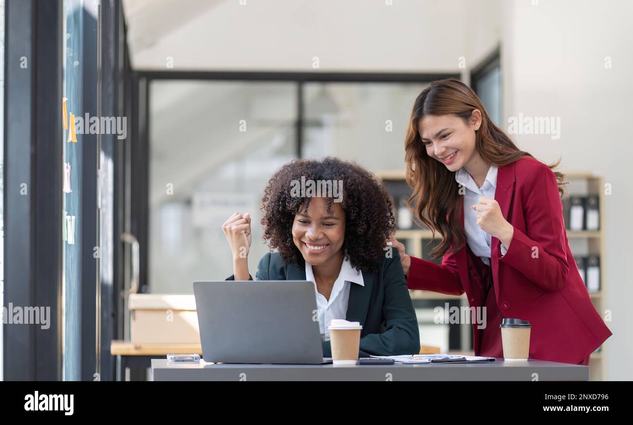 Happy smiling businessman feel happy work complete Teamwork success at ...