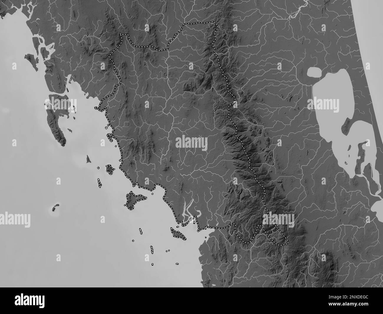 Trang, province of Thailand. Grayscale elevation map with lakes and ...