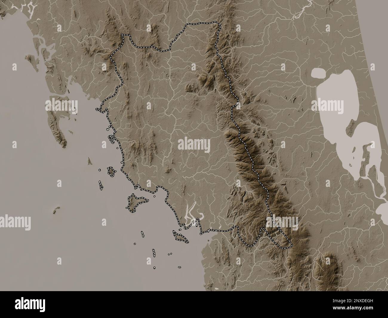 Trang, province of Thailand. Elevation map colored in sepia tones with ...