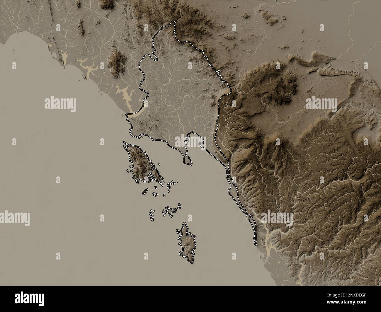 Trat, province of Thailand. Elevation map colored in sepia tones with ...