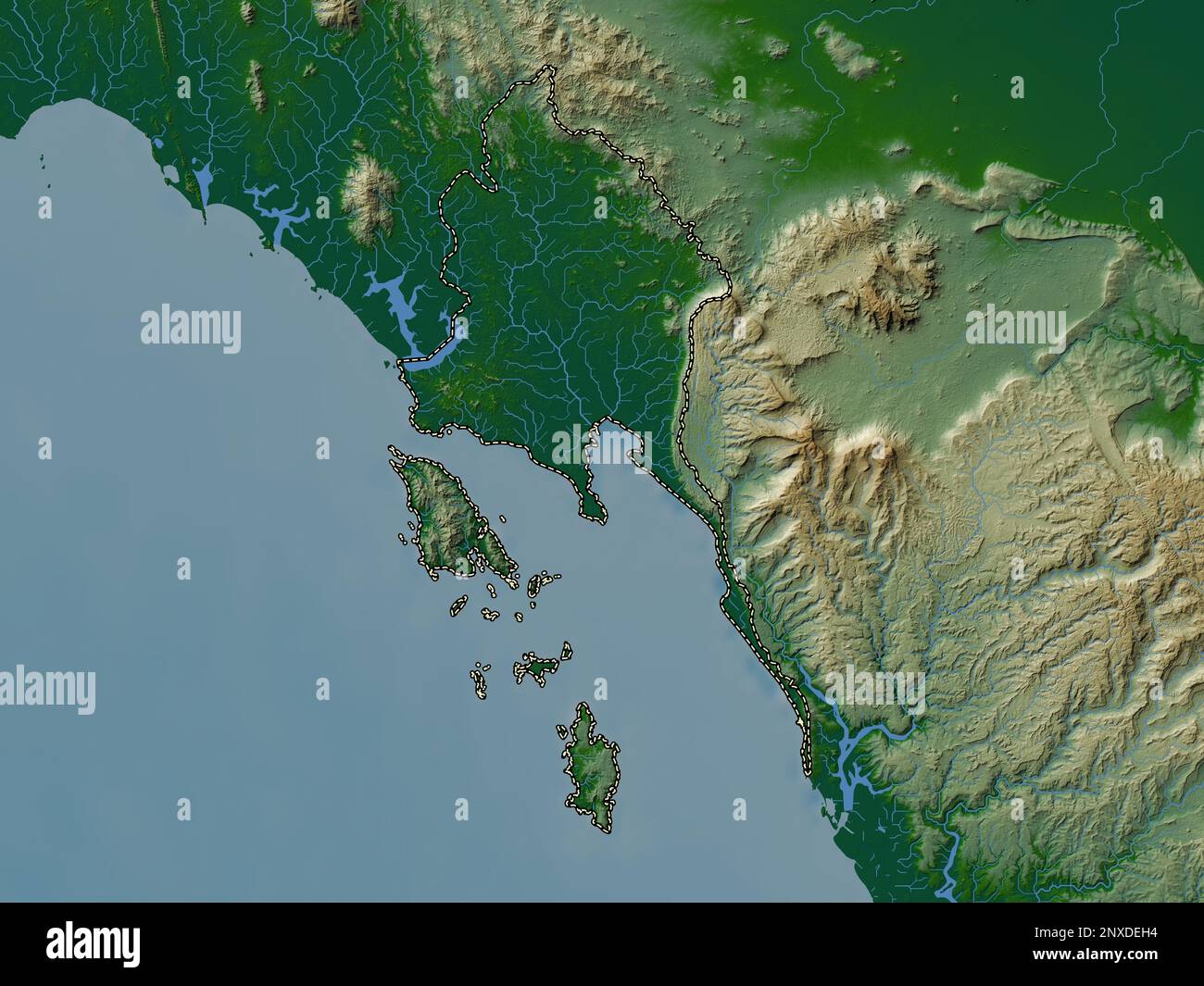 Trat, province of Thailand. Colored elevation map with lakes and rivers ...