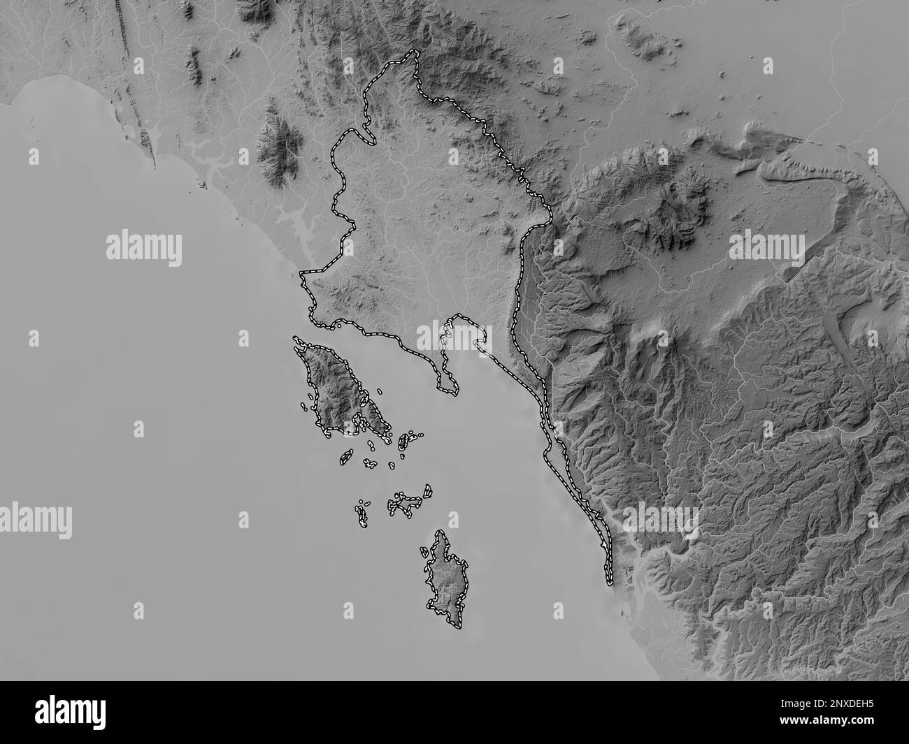 Trat, province of Thailand. Grayscale elevation map with lakes and ...