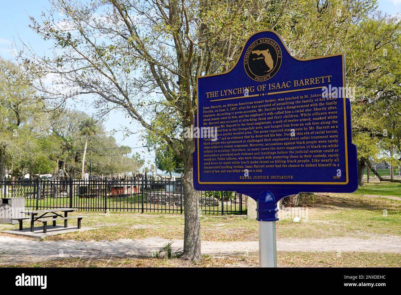 Historical marker noting story of the lynching of Isaac Barrett, a ...