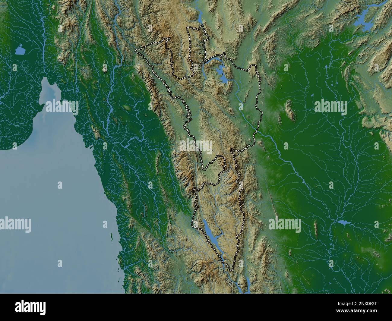 Tak, province of Thailand. Colored elevation map with lakes and rivers ...