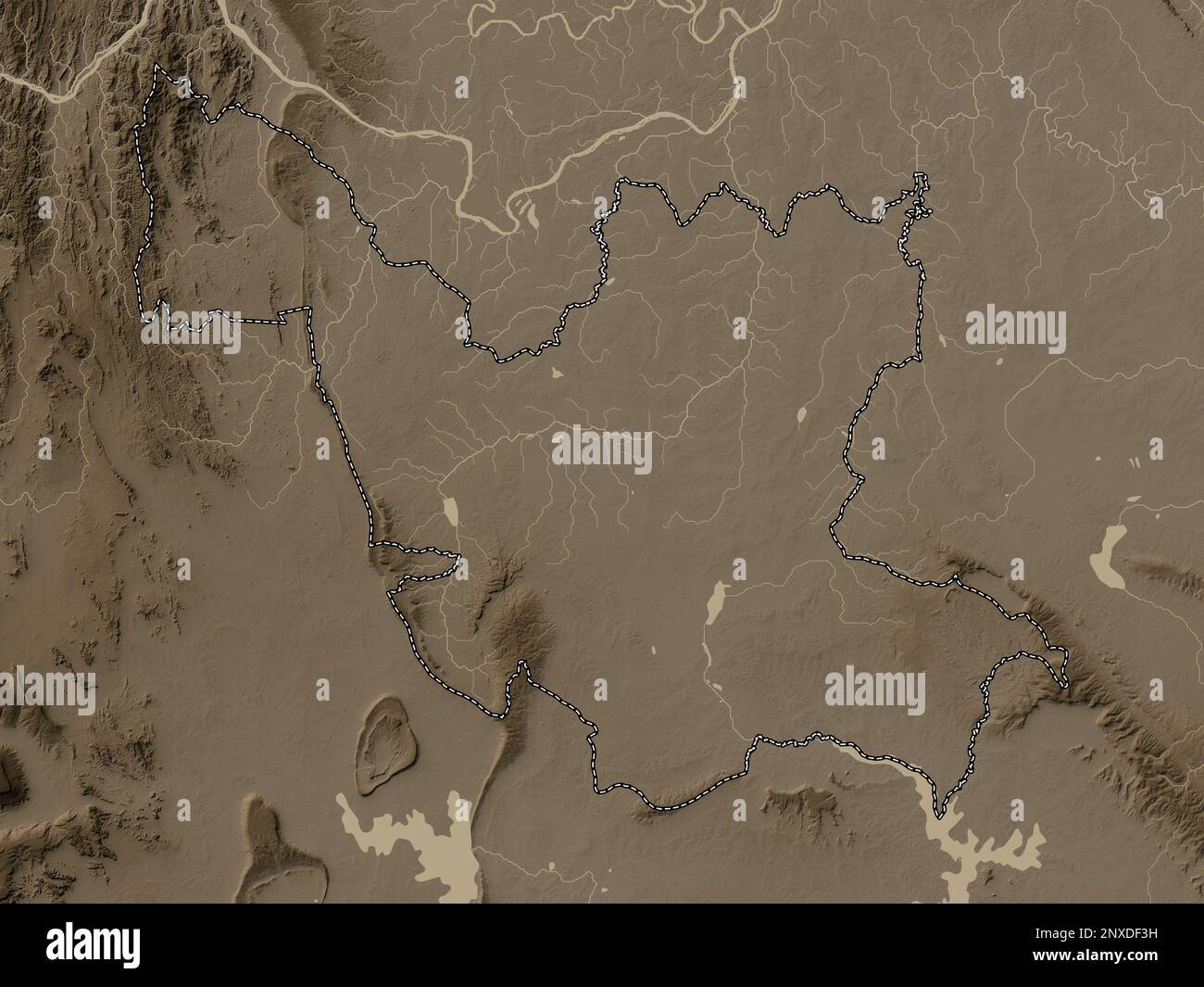 Udon Thani, province of Thailand. Elevation map colored in sepia tones ...