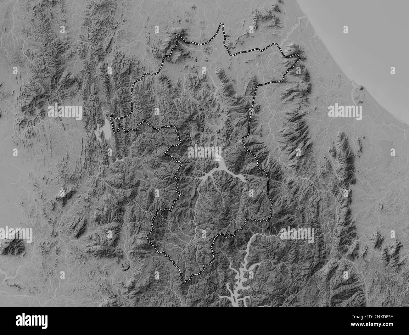Yala, province of Thailand. Grayscale elevation map with lakes and ...