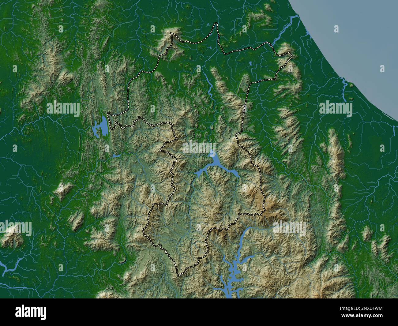 Yala, province of Thailand. Colored elevation map with lakes and rivers ...