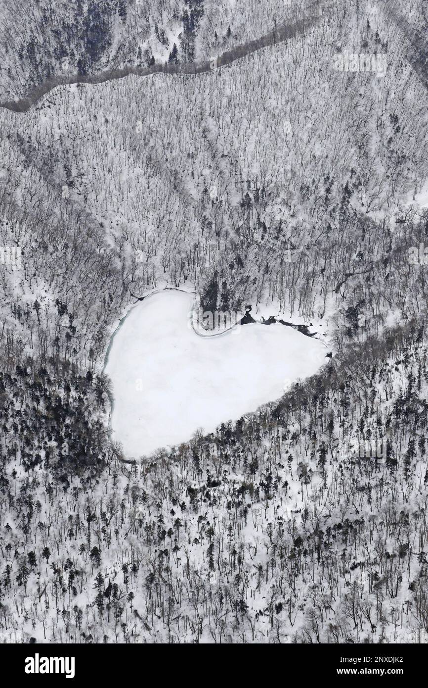 An aerial photo shows heart-shaped Toyoni Lake in Erimo, Hokkaido on ...
