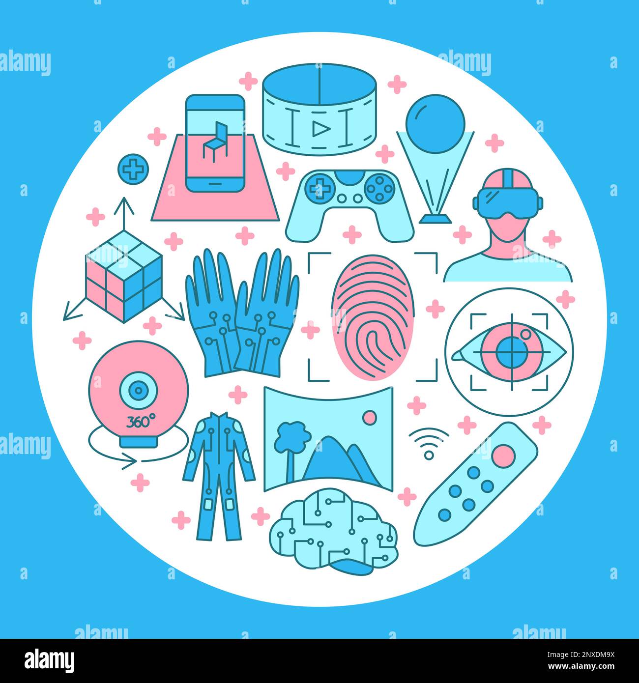 Virtual reality round concept banner in colored line style. Modern ...