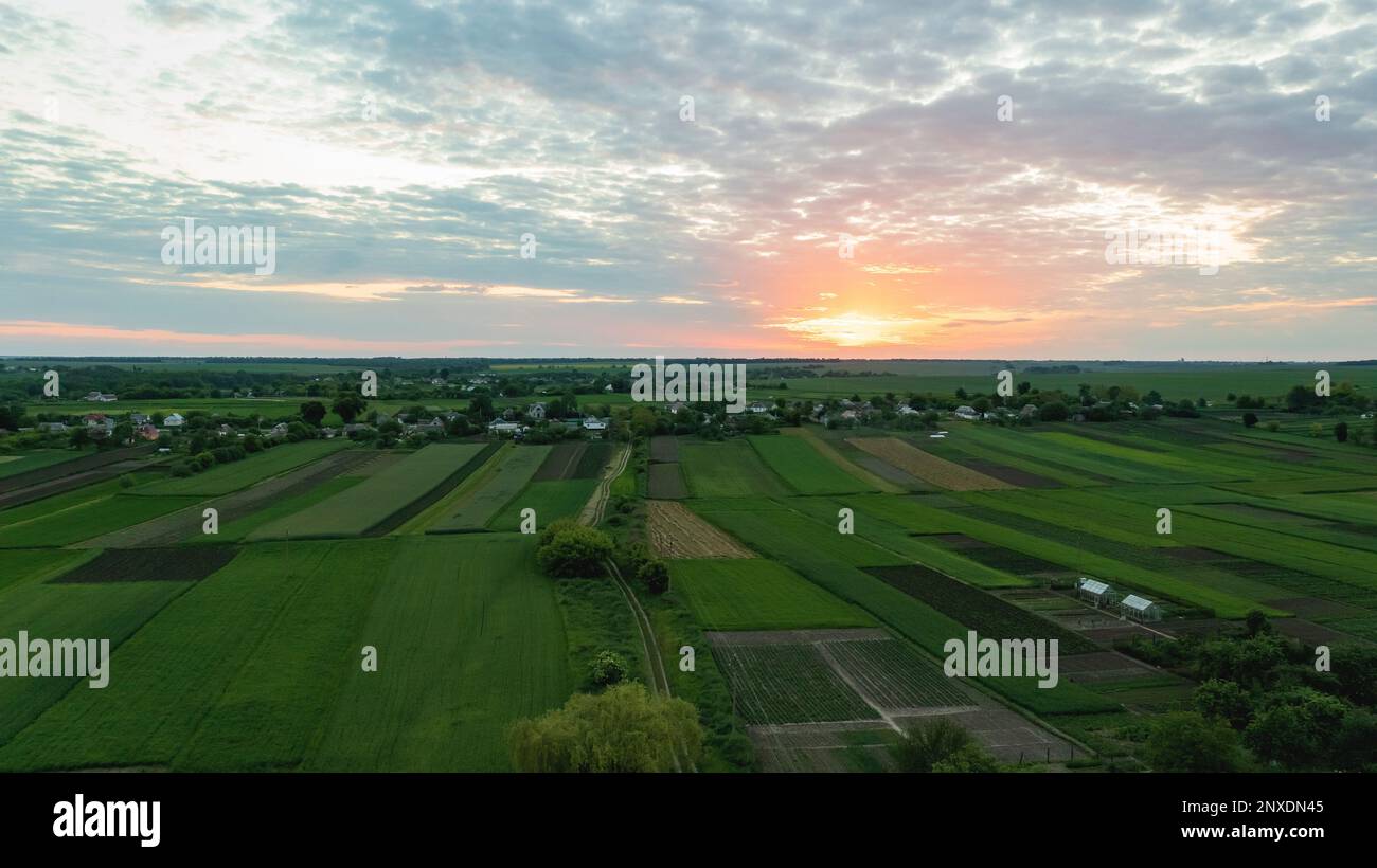 Aerial view landscape with spacious European landscape with farm and ...