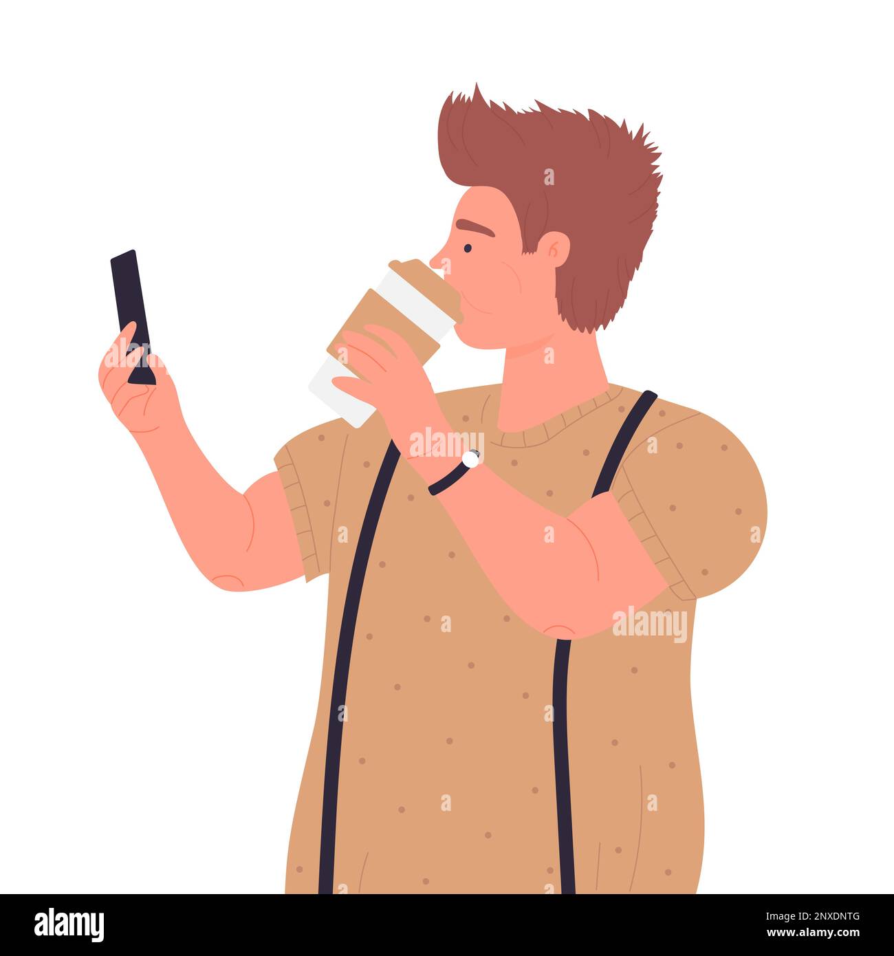 Boy drinking coffee and taking selfie. Takeaway cappuccino and coffee ...