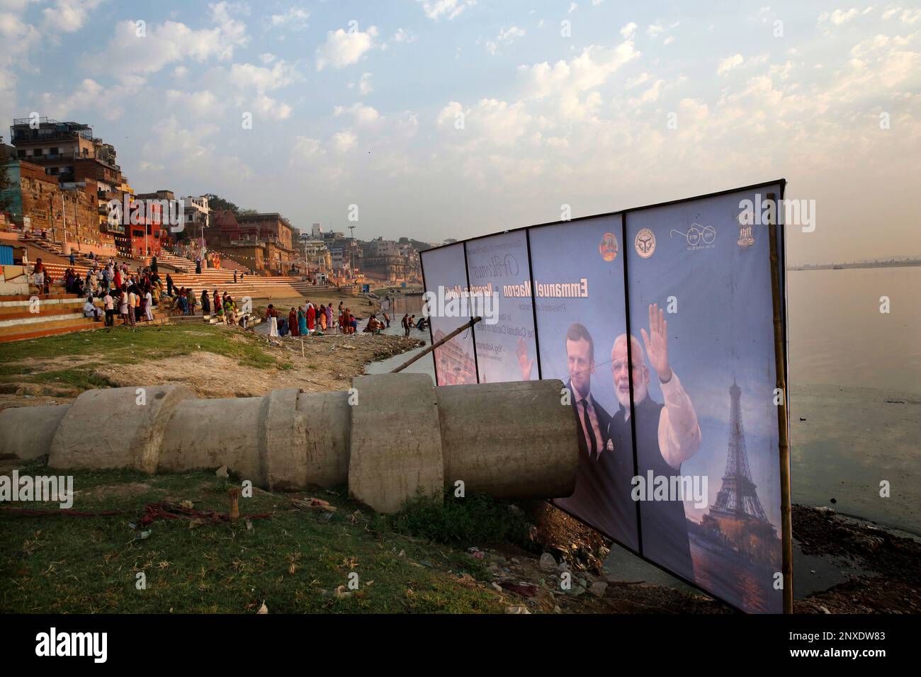 A huge banner welcoming the French President Emmanuel Macron and Indian ...