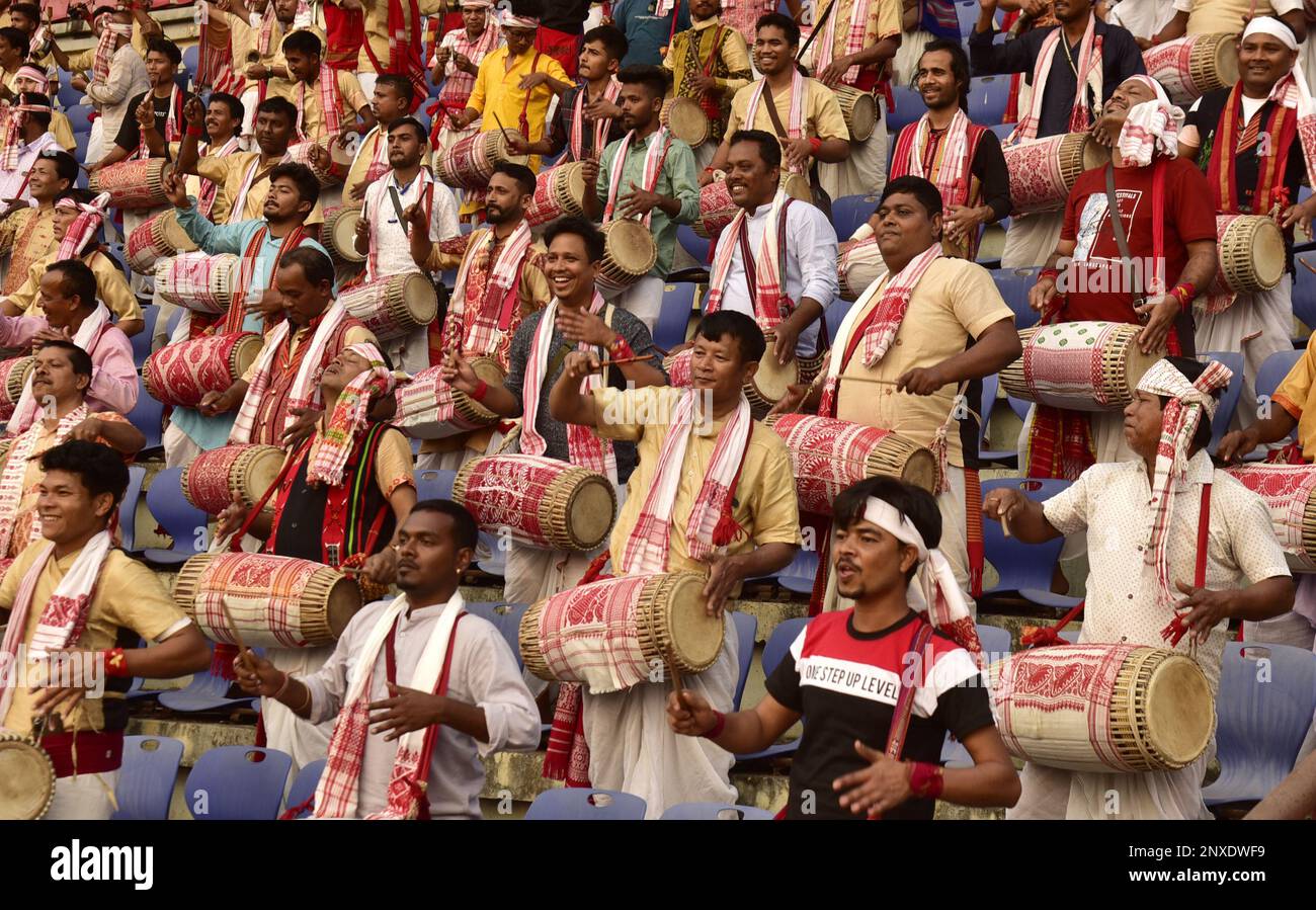 Guwahati, Guwahati, India. 1st Mar, 2023. Bihu dancer ( dhulia )plays ...