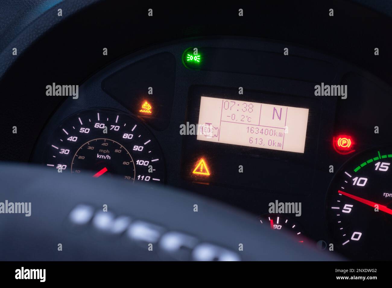 Truck, lorry dashboard close-up, orange alert, error engine EDC control ...