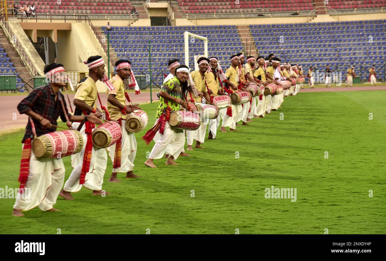 Guwahati, Guwahati, India. 1st Mar, 2023. Bihu dancer ( dhulia )plays ...