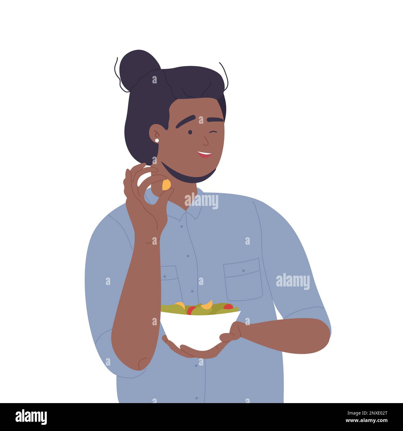 Girl eating salad bowl. Healthy food consumer, woman eats fresh ...