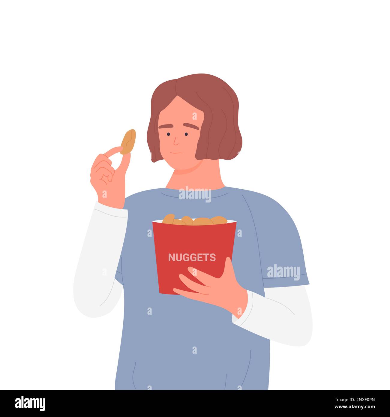 Boy eating fried nuggets. Fast food consumer, junk food hamburger ...