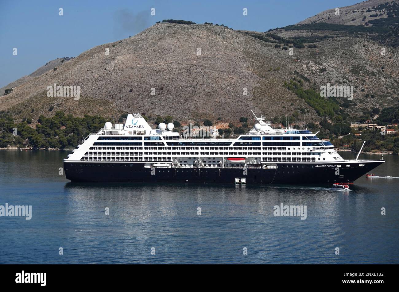 The cruise ship Azamara Pursuit at anchor in Argostoli, Kefalonia ...