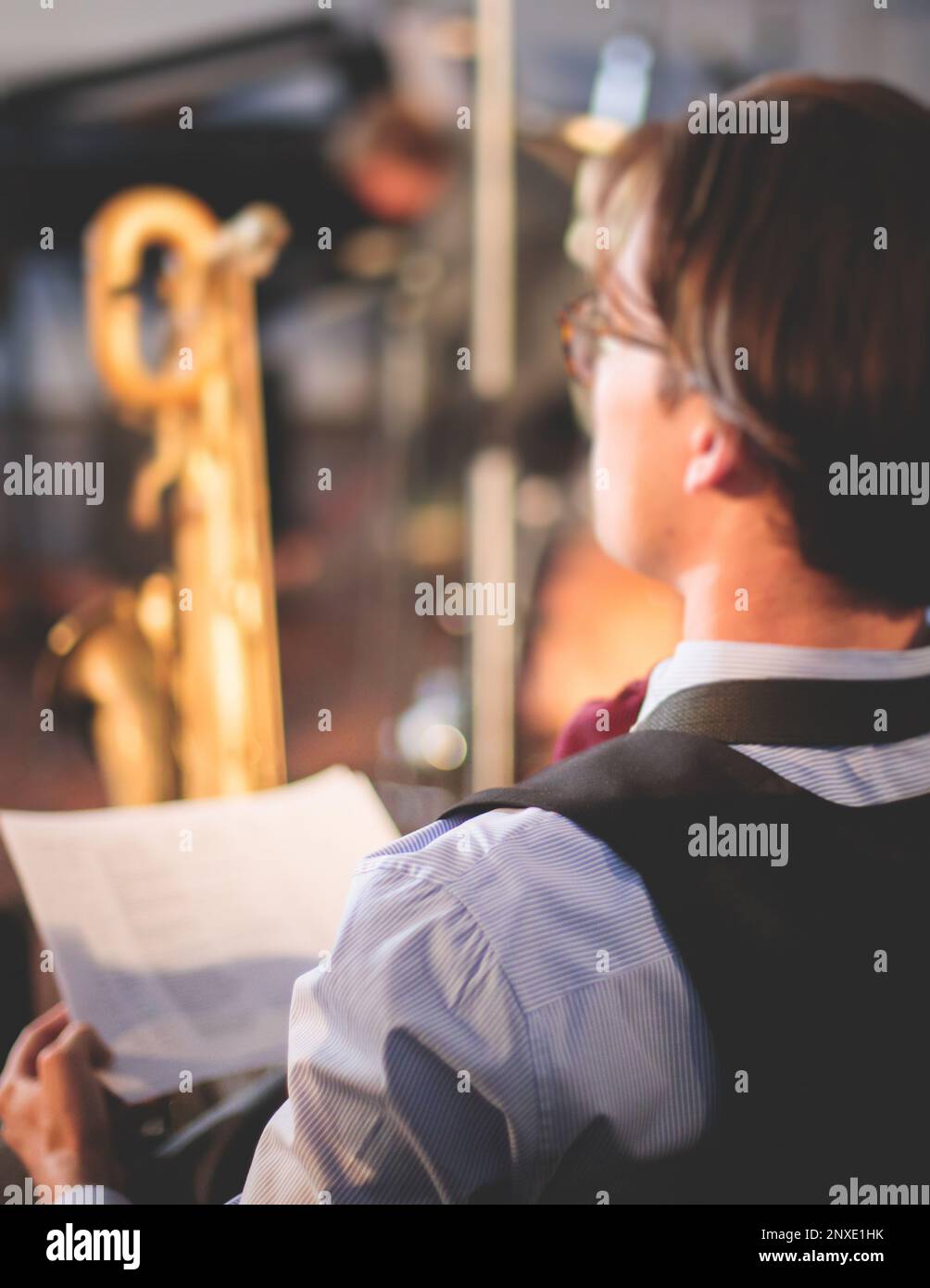 Orchestra jazz musician during performance, rehearsal sound recording ...