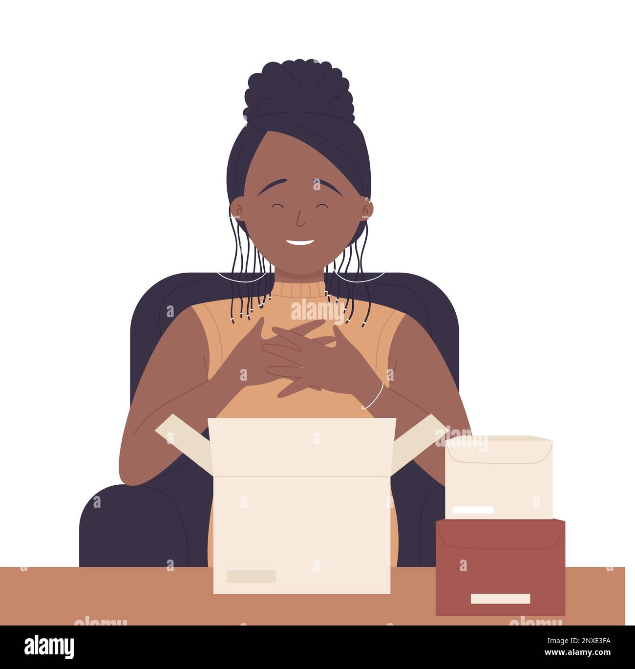 Happy woman opens order parcel. Online shopping delivery service vector ...