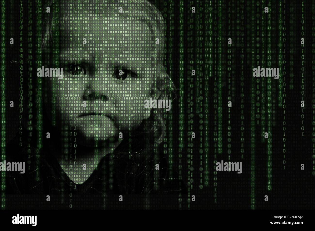 A child's serious face with matrix digital numbers is an AI artificial ...