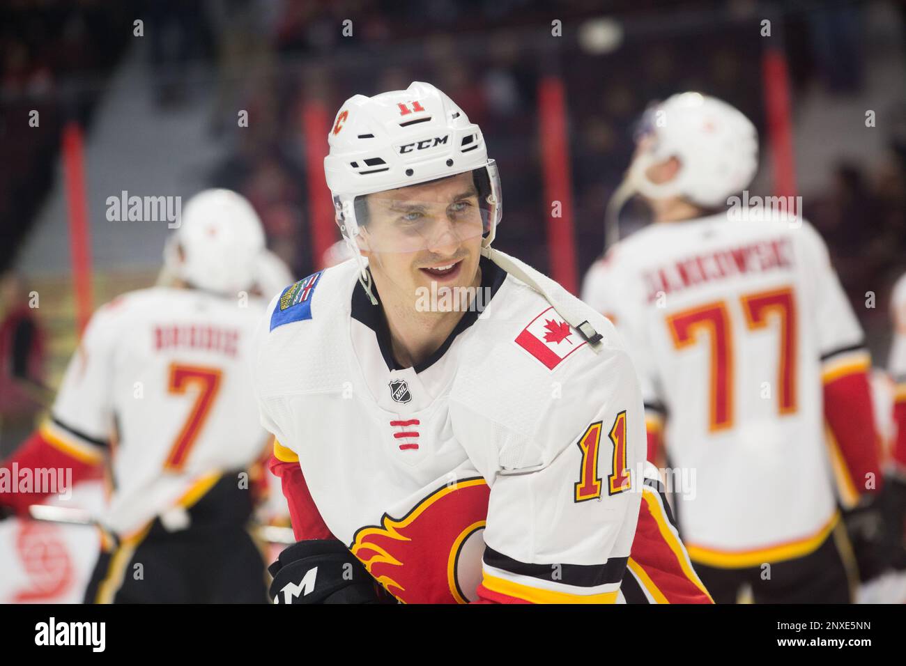 March 09, 2018: Calgary Flames center Mikael Backlund (11) prior to the ...