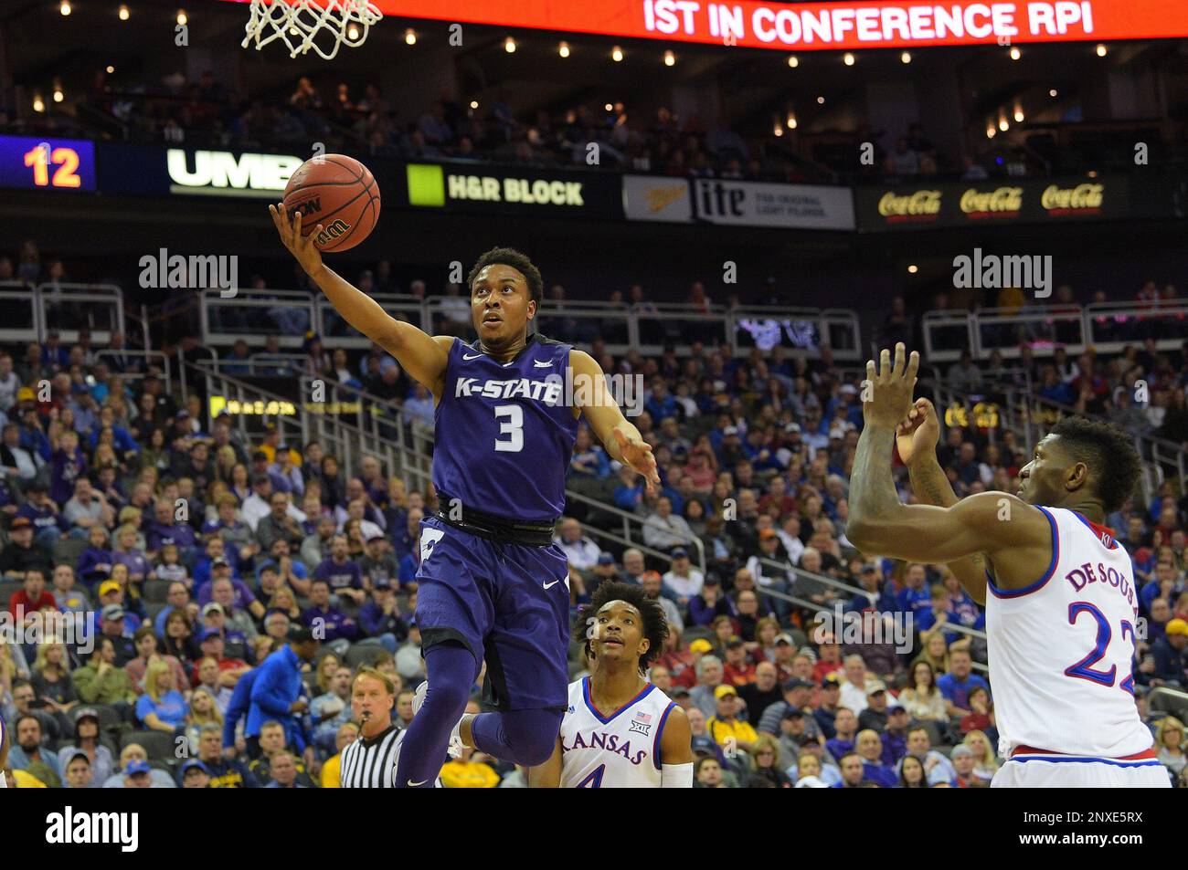 March 09,2018: Kansas State Wildcats guard Kamau Stokes (3) puts up a ...