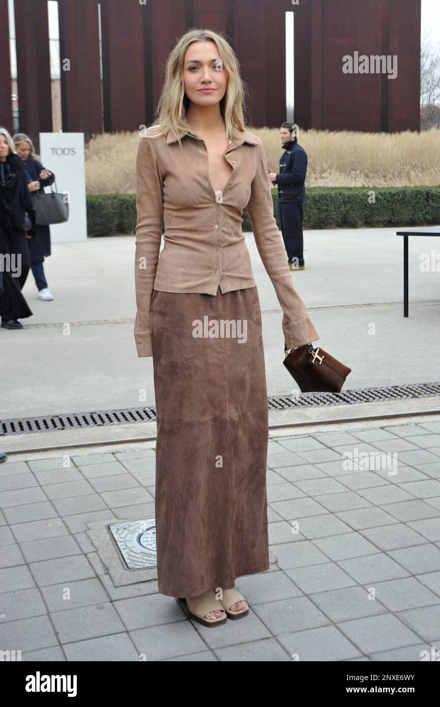 MILAN, ITALY - FEBRUARY 24: Tilly Keeper is seen arriving at the Tod's ...