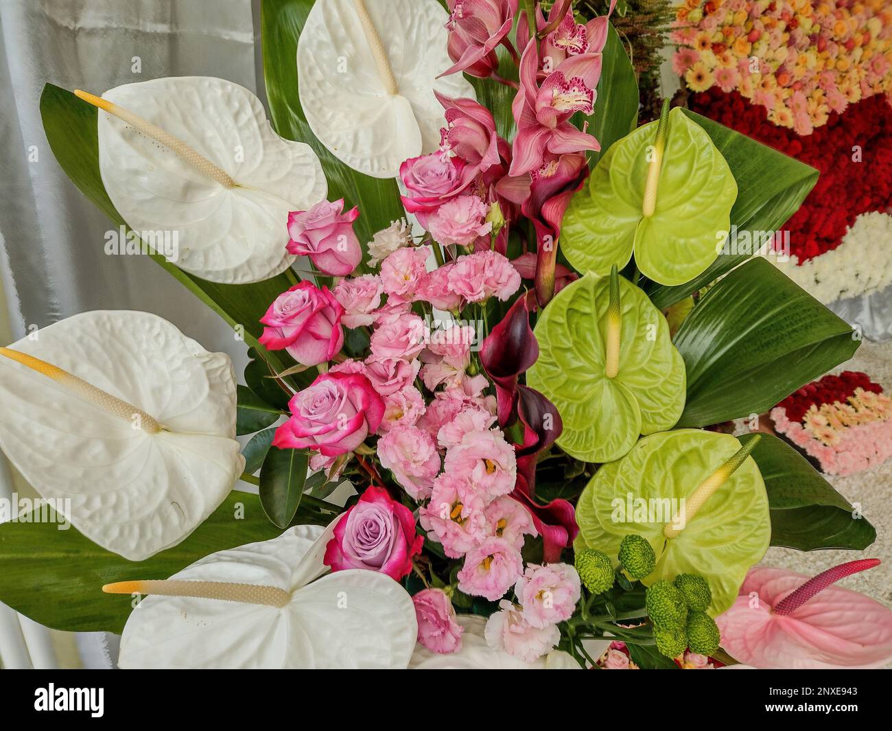White lily, calla lily, roses and other flowers Stock Photo - Alamy