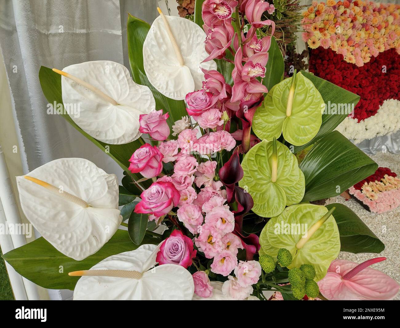 White lily, calla lily, roses and other flowers Stock Photo - Alamy