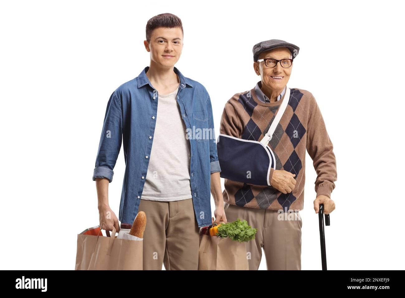 Young man helping an elderly man with a broken arm and carrying ...