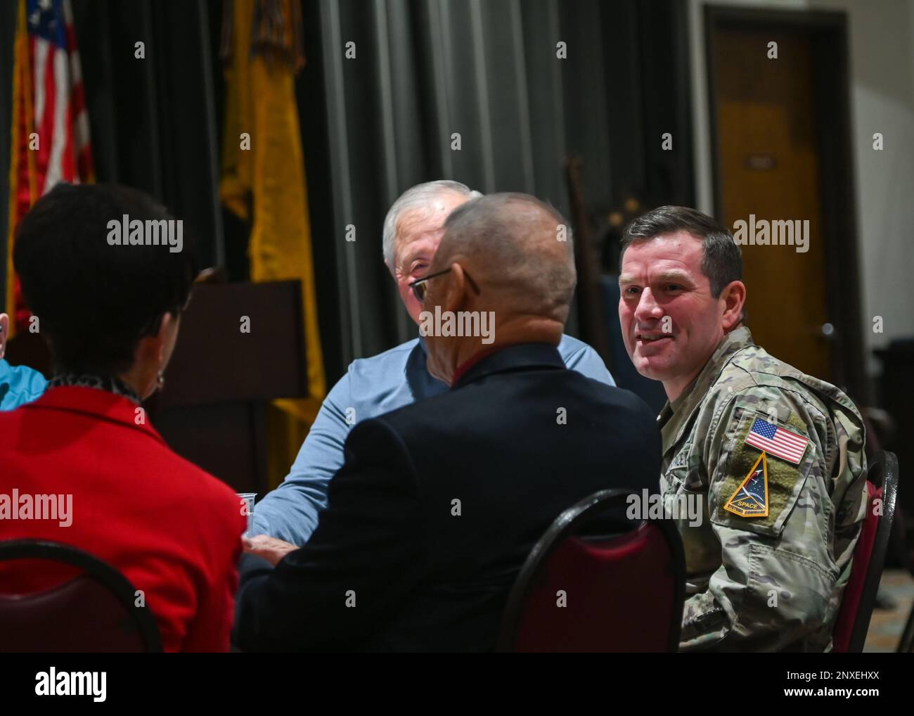 U.S. Space Force Col. Bryan Titus speaks with members of the Military ...