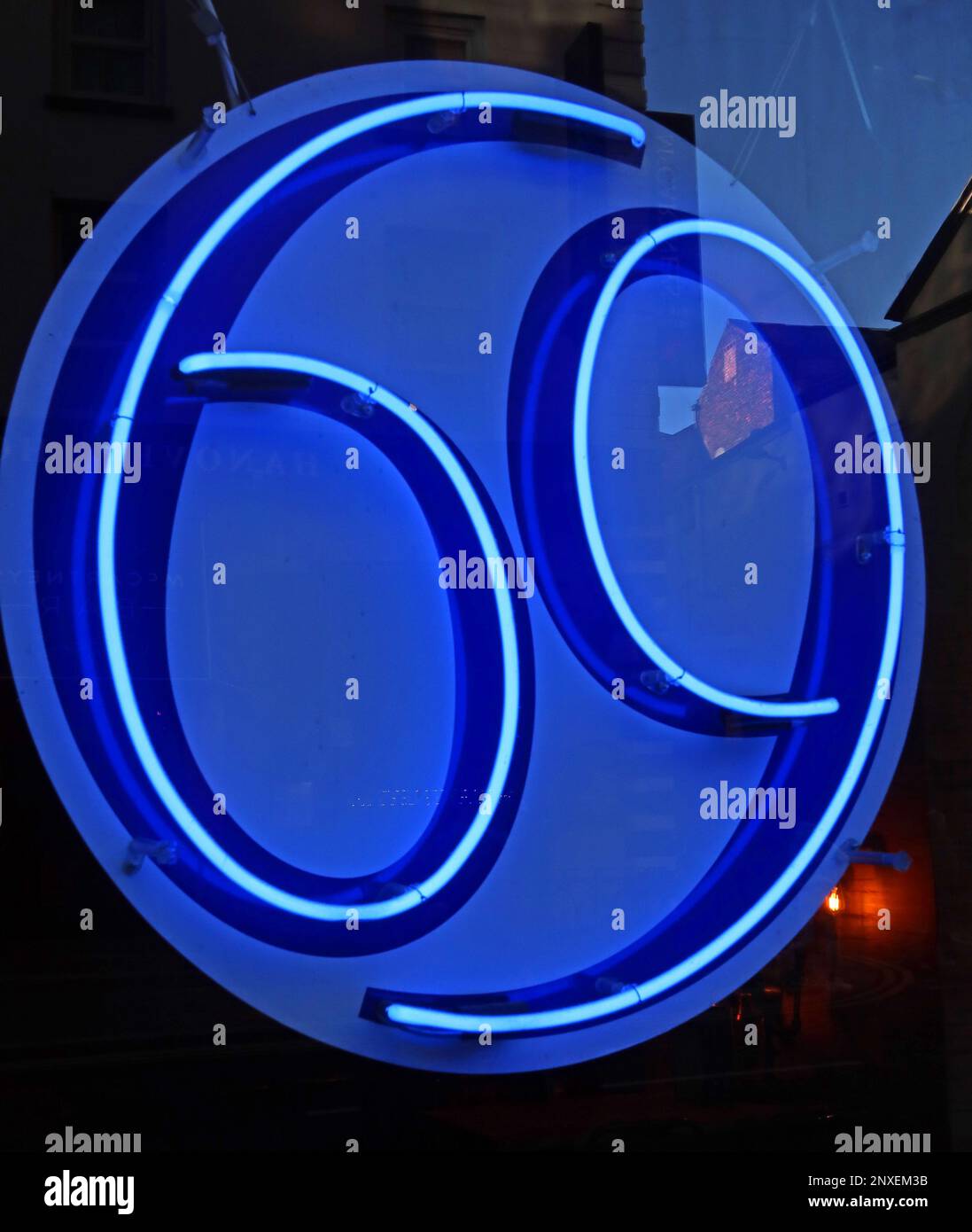 Sixtynine 69 Circular Blue Neon Sign Suggesting Couples Intimacy Of