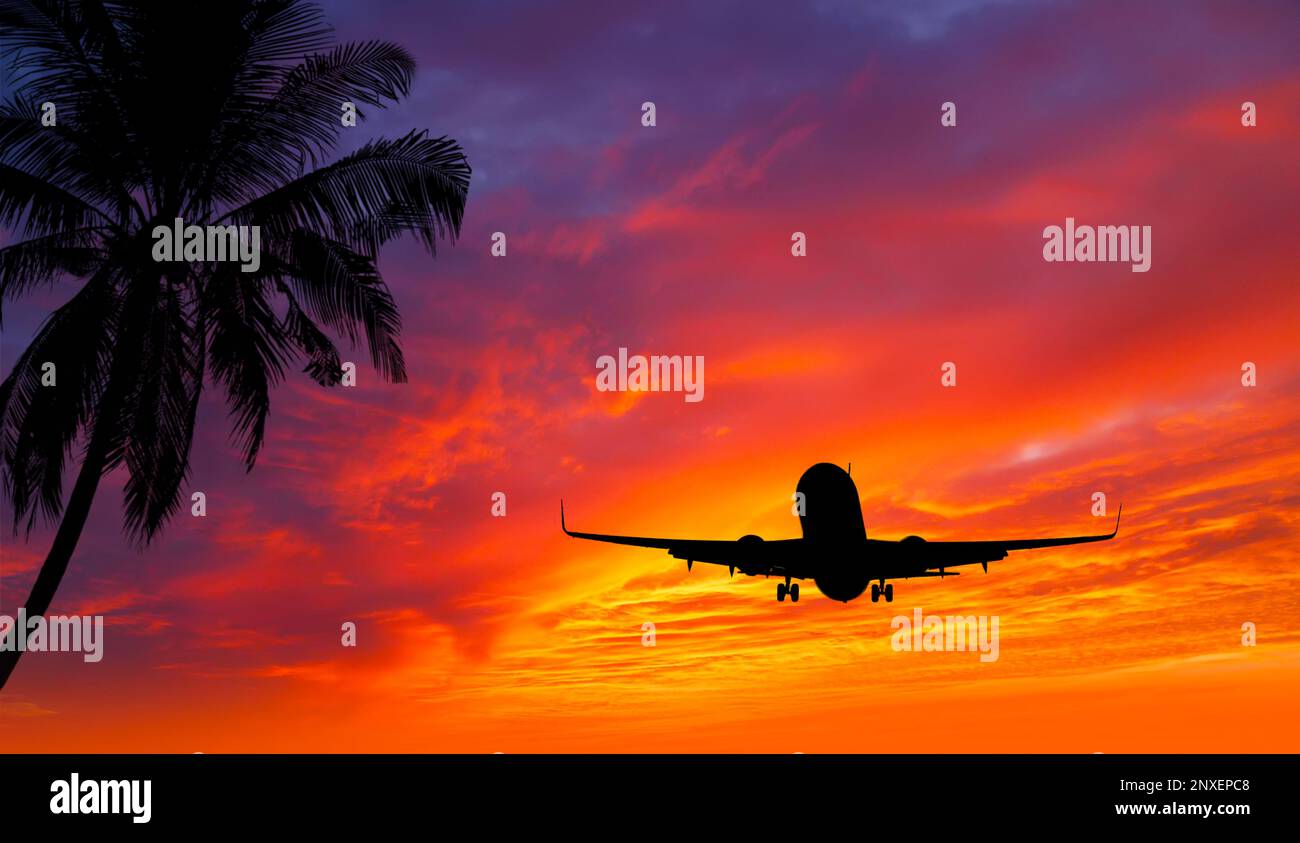 Passenger Airplane In Approach for Landing with Beautiful Sunset and ...