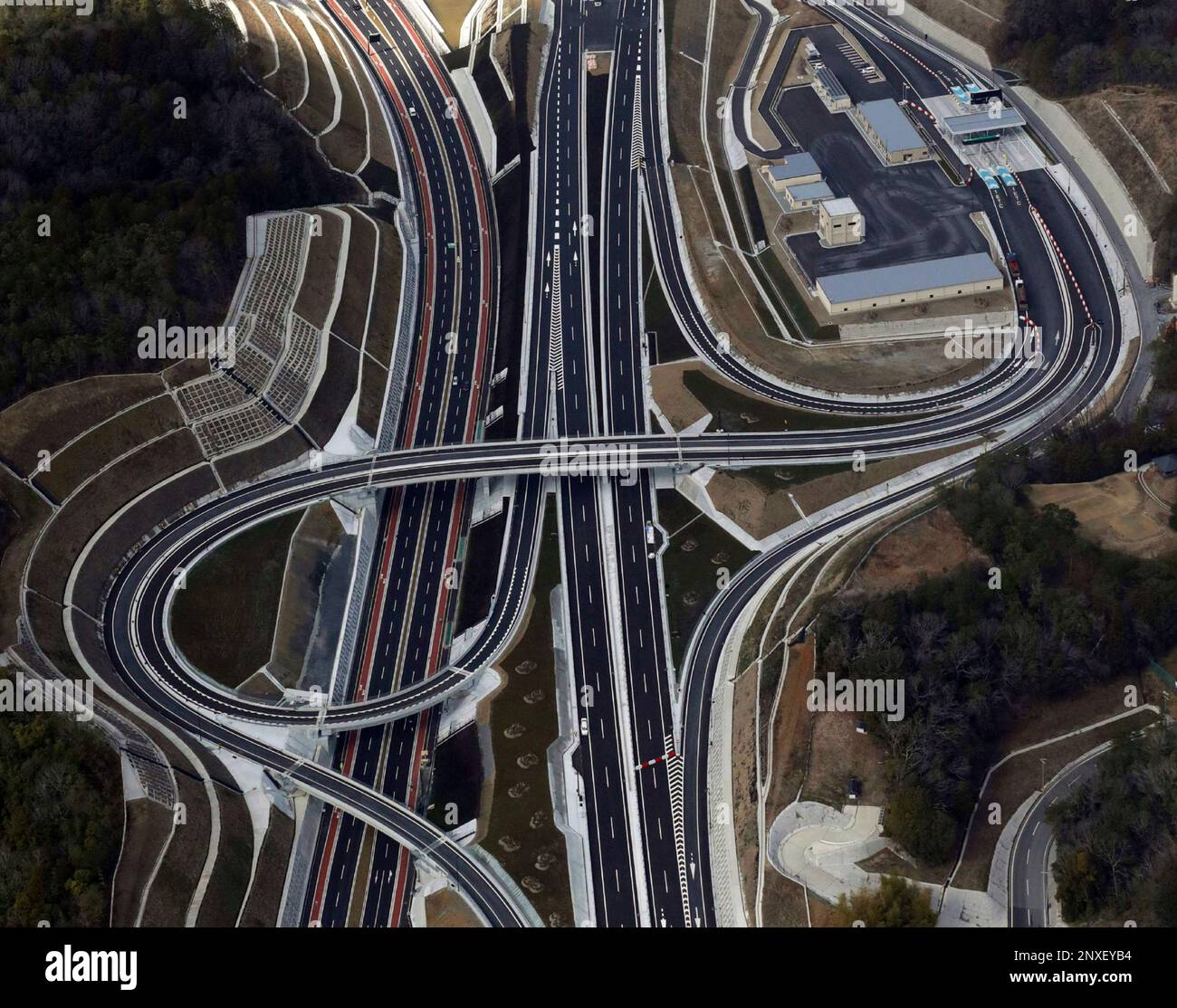 An aerial photo taken on March 6, 2018 shows the Kawanishi Interchange ...