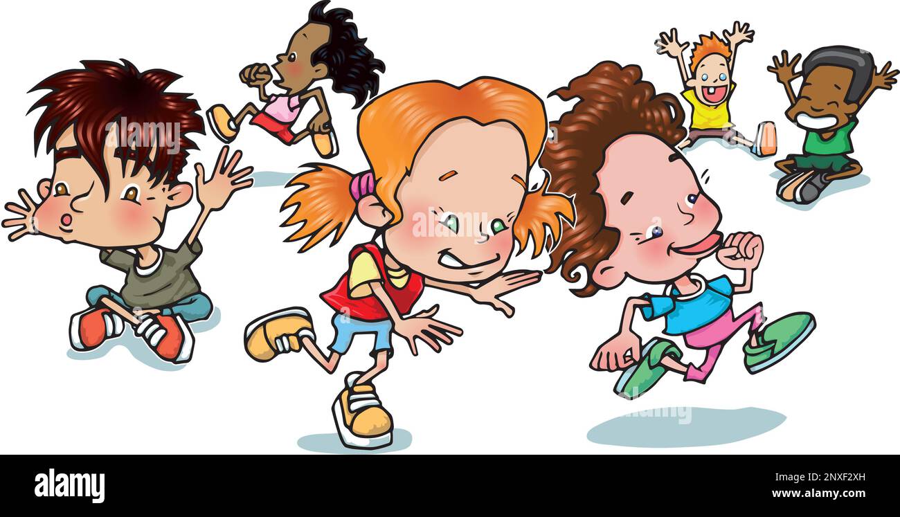 Art illustration young children, various ethnicities and sexes, running ...