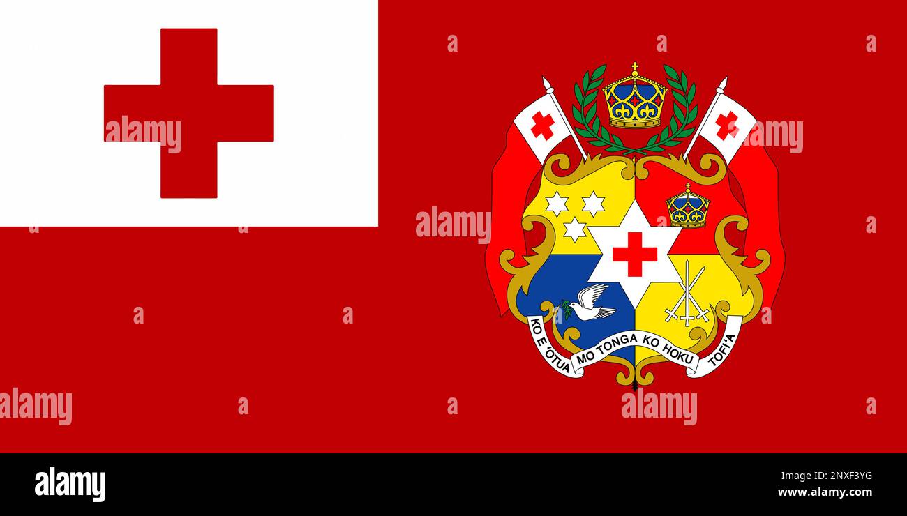 The flag and coat of arms of the Kingdom of Tonga as a background ...