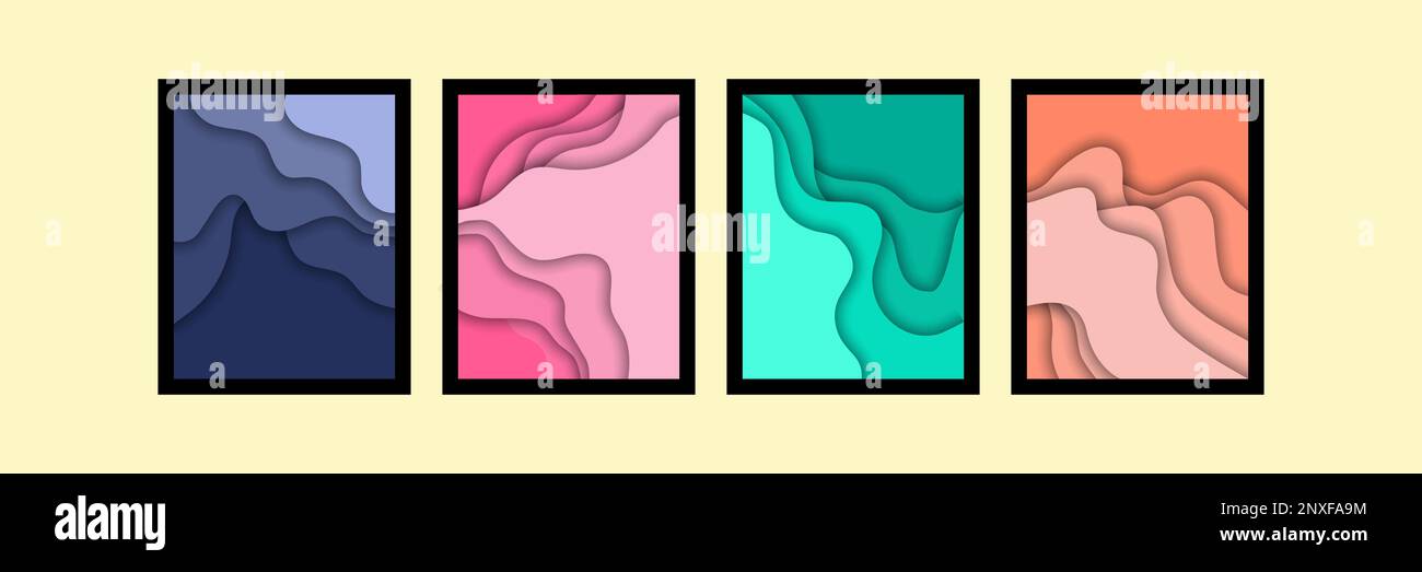 Vertical abstract paper cut effect posters set. Wavy aesthetic vivid ...