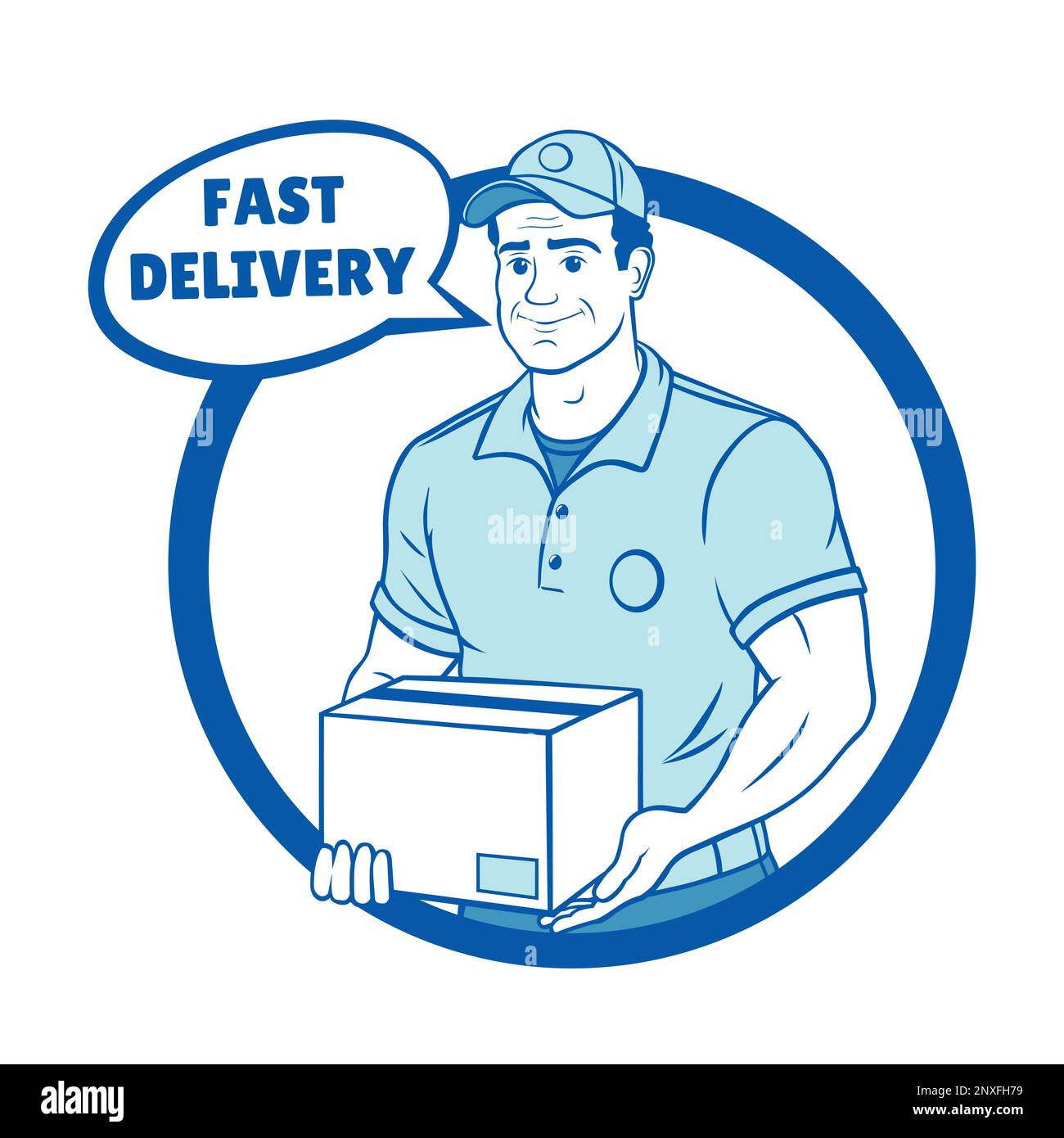 Smiling delivery man in blue uniform holding a package box. Vector ...
