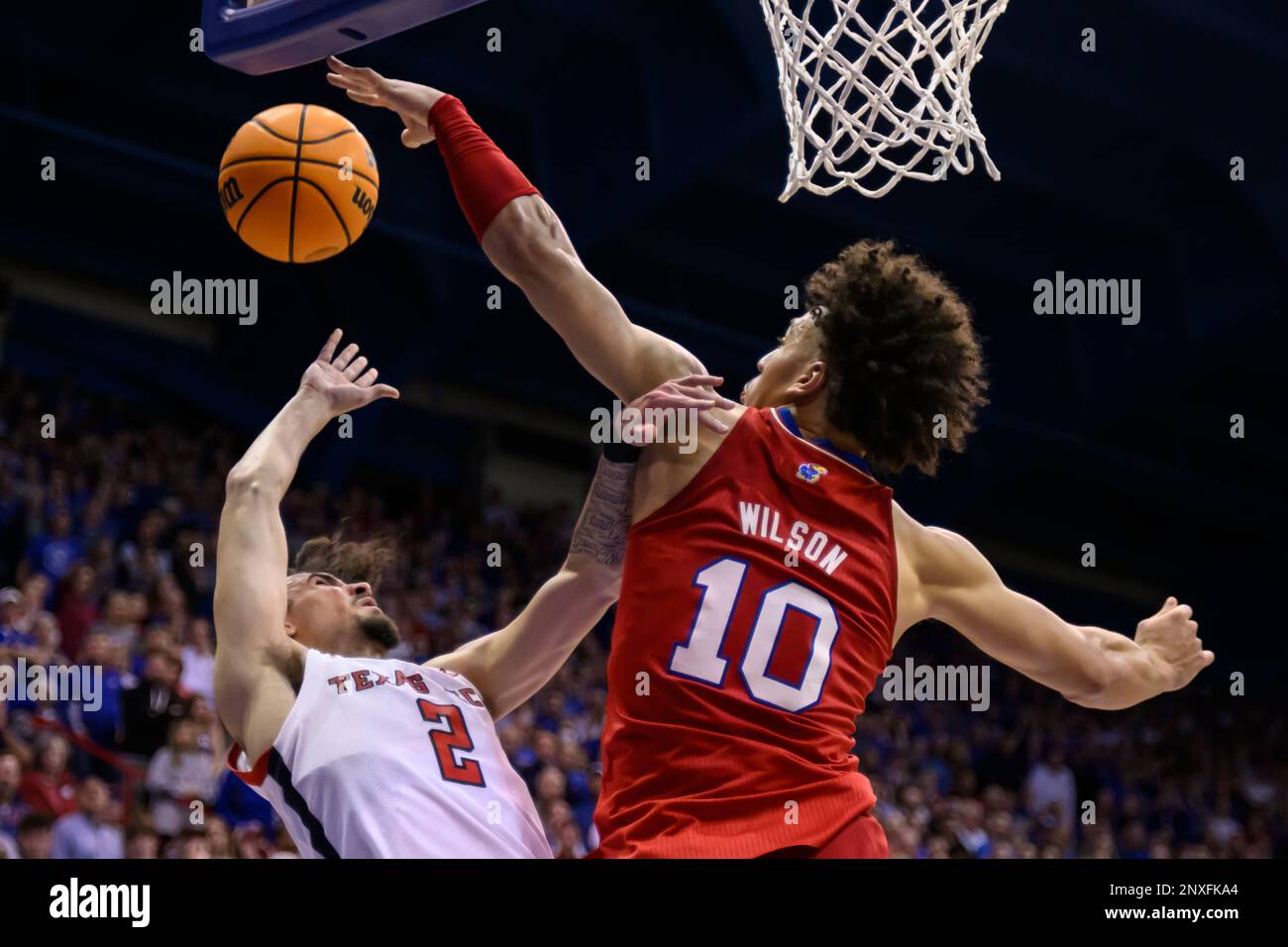 Kansas forward Jalen Wilson (10) tries to block a shot by Texas Tech ...