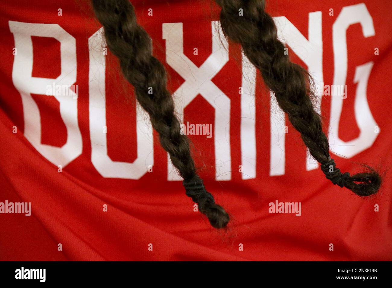 In this Feb. 7, 2018 photo, Natalie Dove braids swing over a USA Boxing ...
