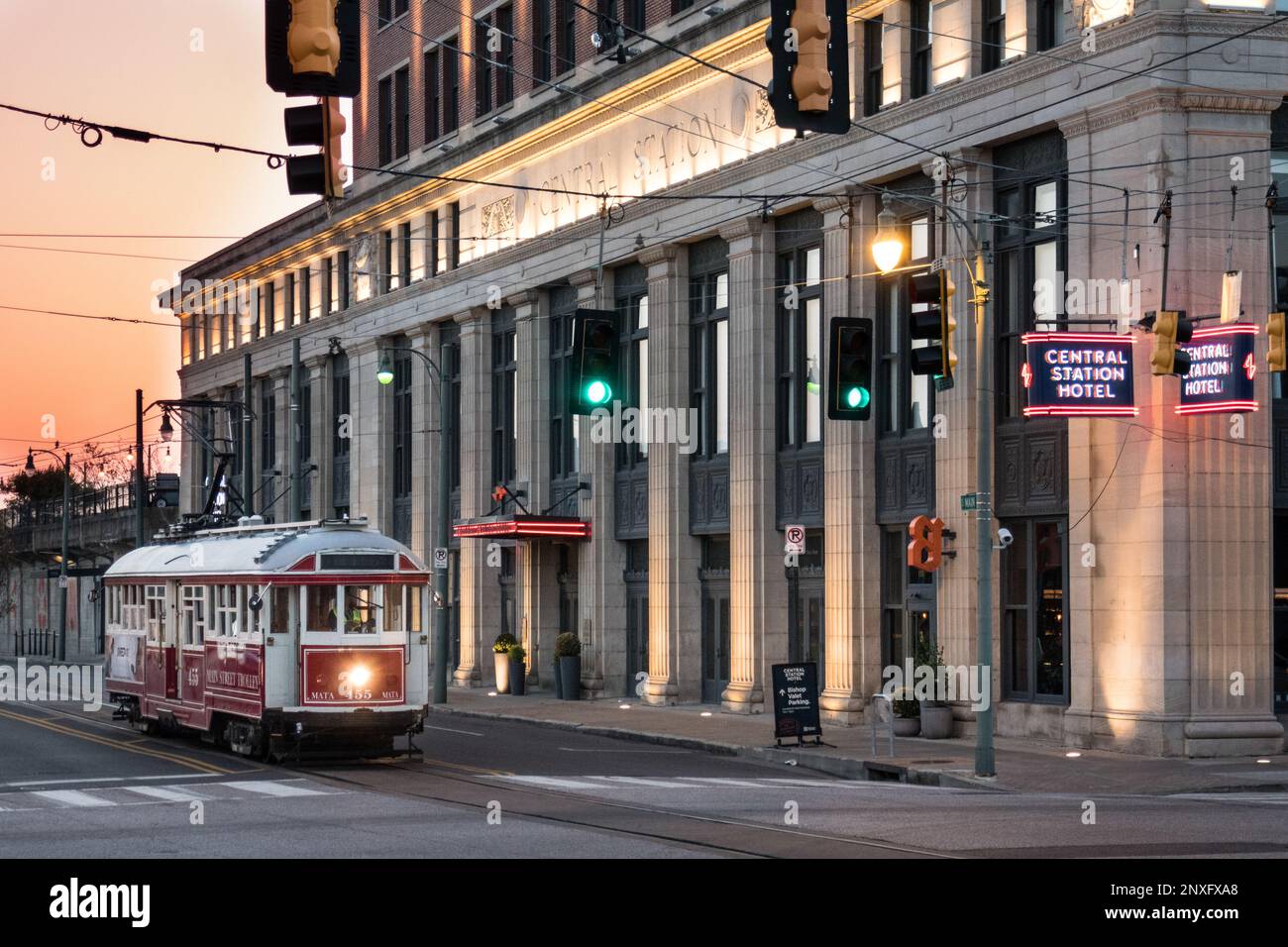 Memphis, TN, Central Station with trolly on Main Street at dawn showing ...