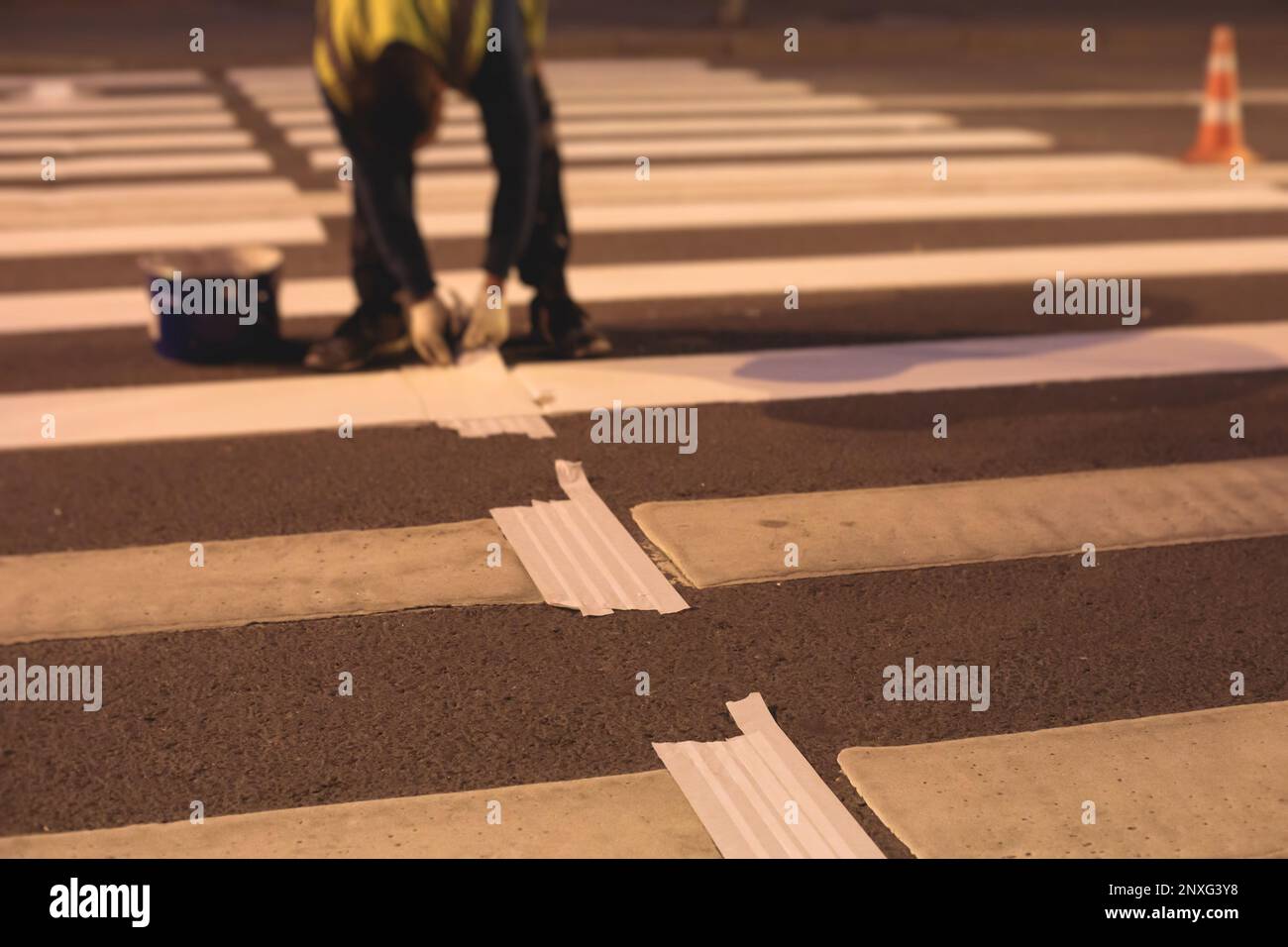 Process of making new road surface markings with a line striping ...