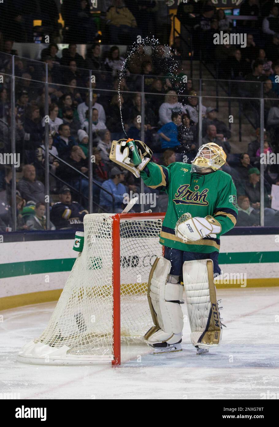 February 24, 2018: Notre Dame goaltender Cale Morris (32) sprays the ...