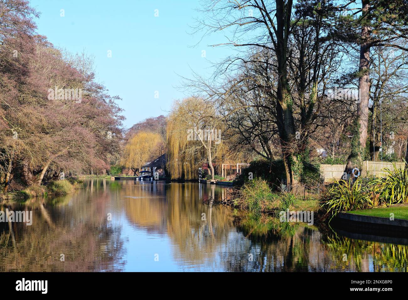 The peaceful and quiet backwater of the River Wey navigation canal at ...