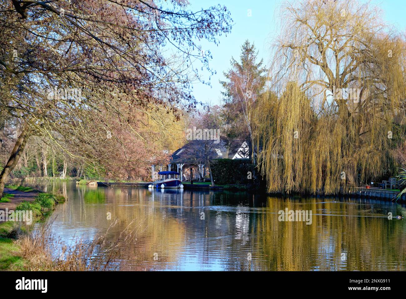 The peaceful and quiet backwater of the River Wey navigation canal at ...